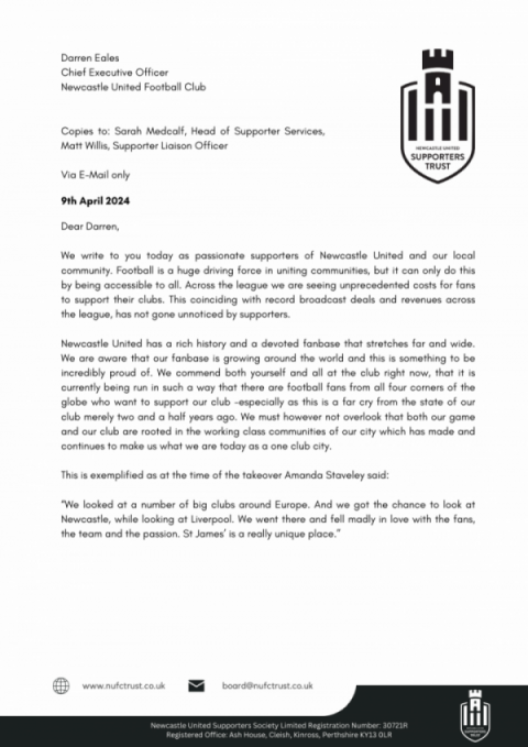 Letter to Darren Eales - The Price of Football: Newcastle United ...